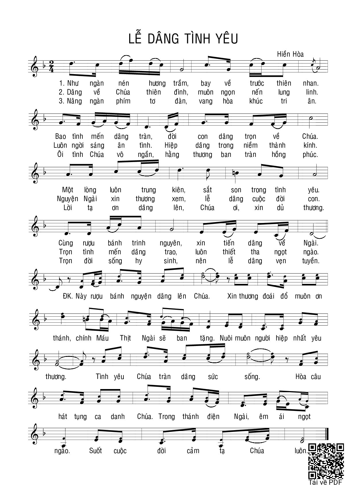 [Sheet] Lễ dâng tình yêu PDF (Hiền Hòa) lời & hợp âm, nốt nhạc