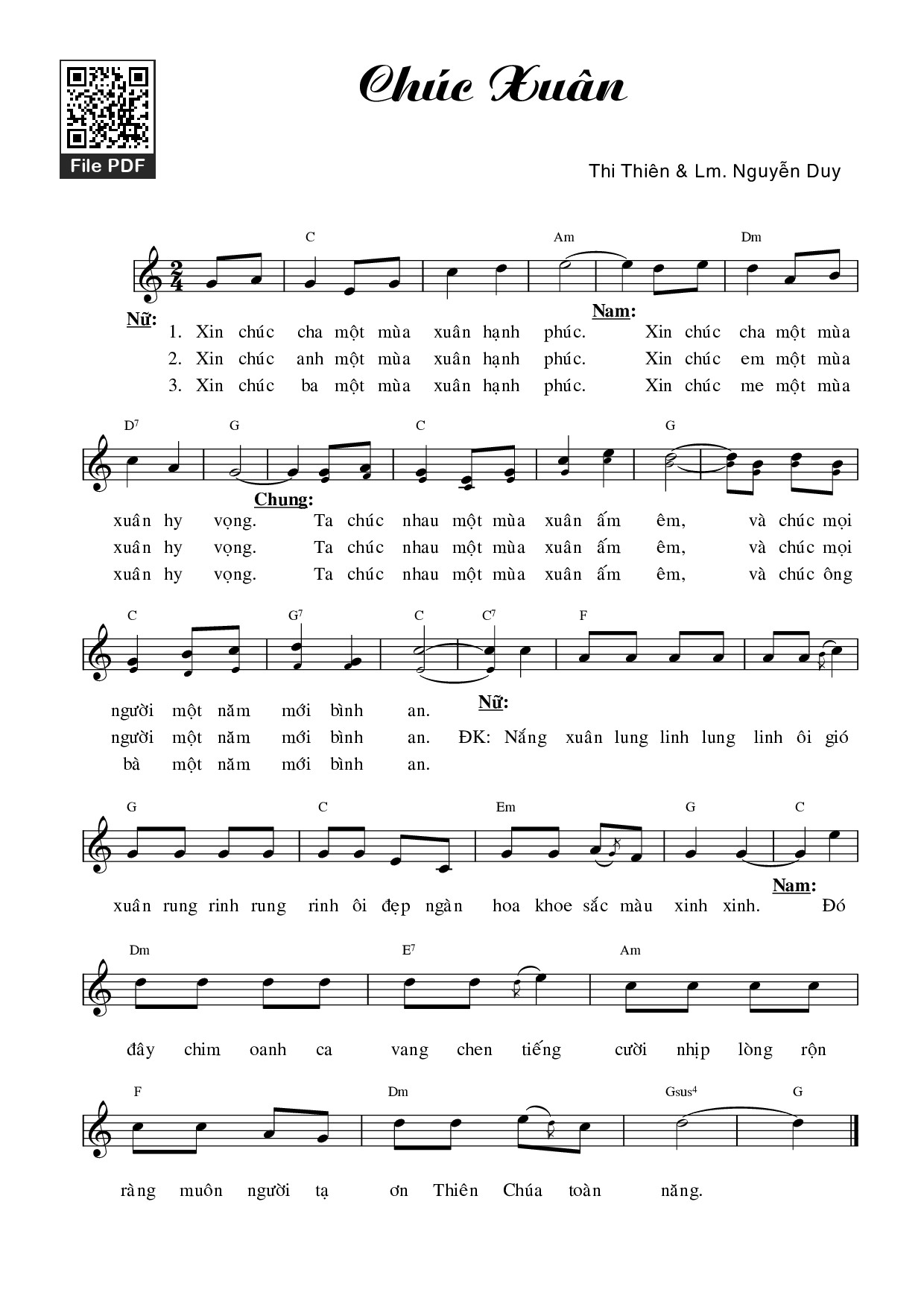 [Sheet] Chúc xuân PDF (Nguyễn Duy) lời & hợp âm, nốt nhạc