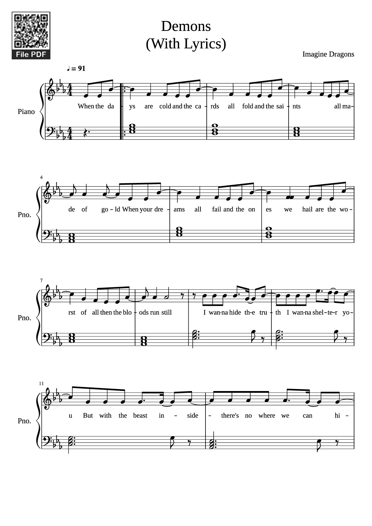 [Sheet] Demons (With Lyrics) Piano PDF, hợp âm Piano, mp4/midi