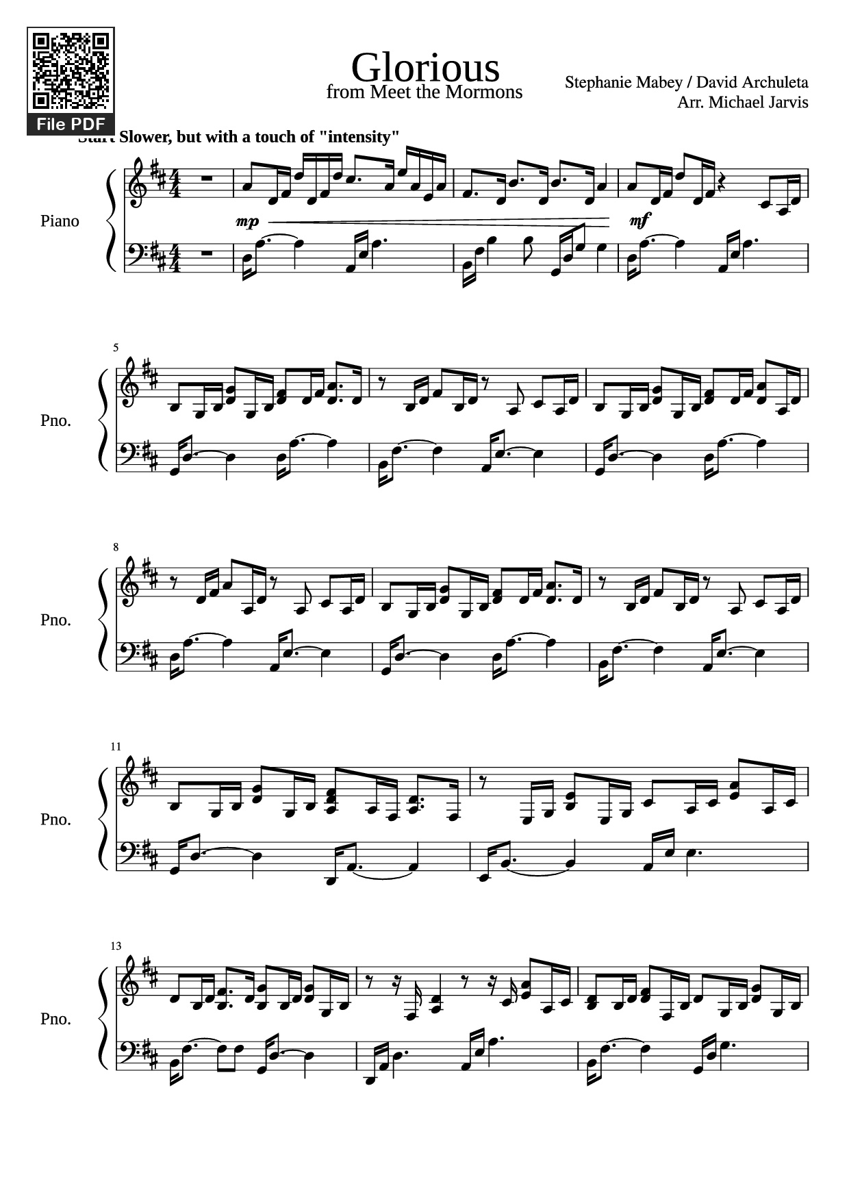 [Sheet] Glorious Piano PDF (Stephanie Mabey / David Archuleta Arr. Michael Jarvis), hợp âm Piano ...