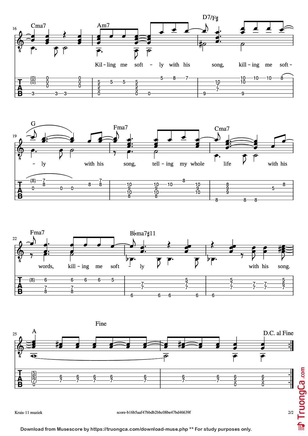 [Sheet] Killing me softly Guitar TAB PDF, hợp âm Guitar TAB, mp4/midi