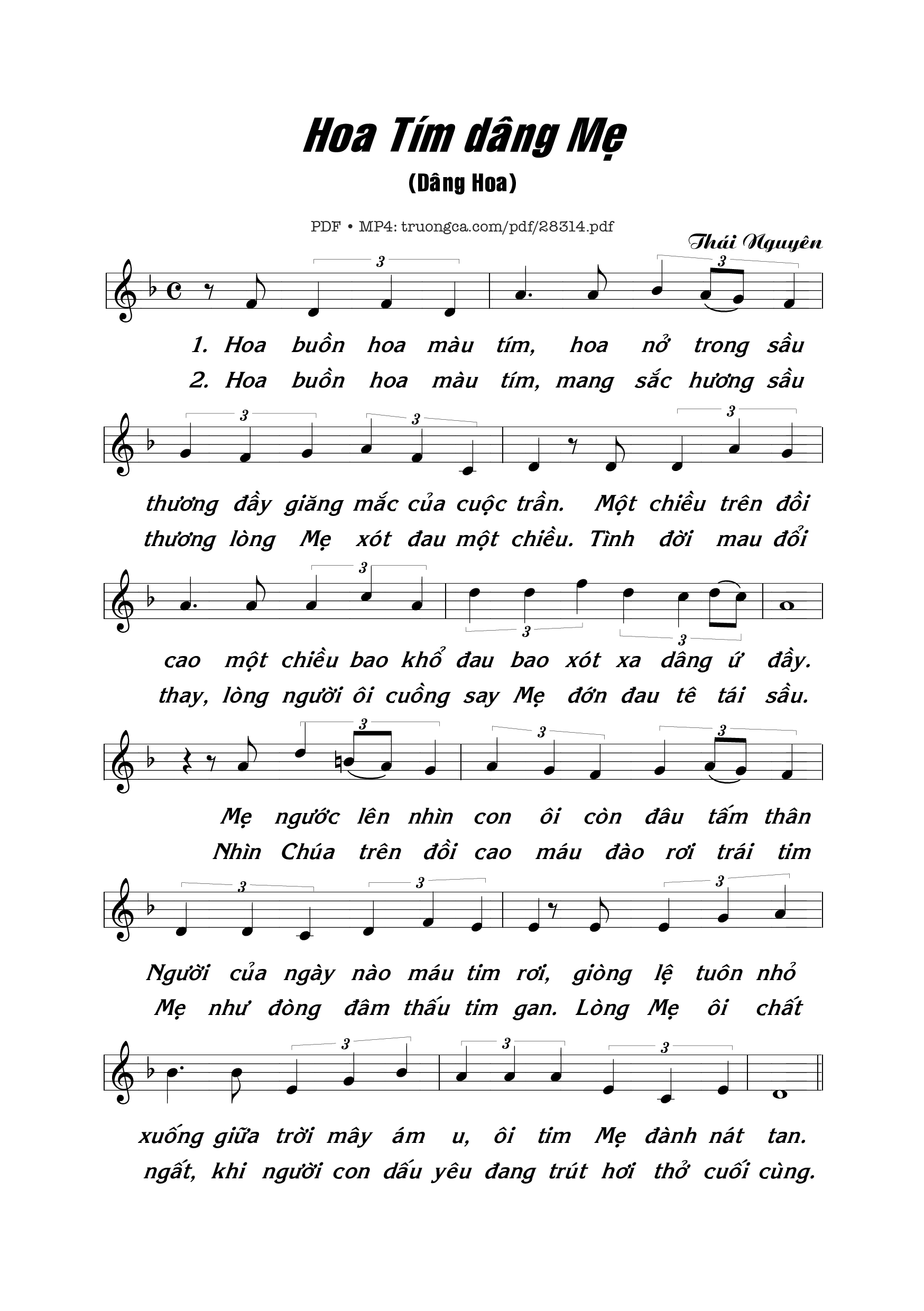 [Sheet] Hoa Tím Dâng Mẹ PDF (Thái Nguyên) lời & hợp âm, nốt nhạc